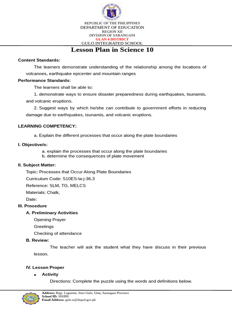 Lesson Plan Science 10 Plate Tectonic (Different Processes That Occur ...