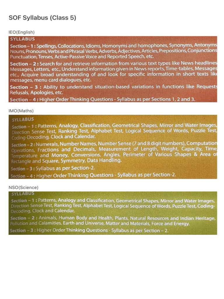 SOF Syllabus (Class 5) | PDF