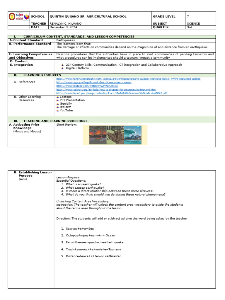 Grade 7 Science: Earthquake & Tsunami Lessons | PDF | Educational ...