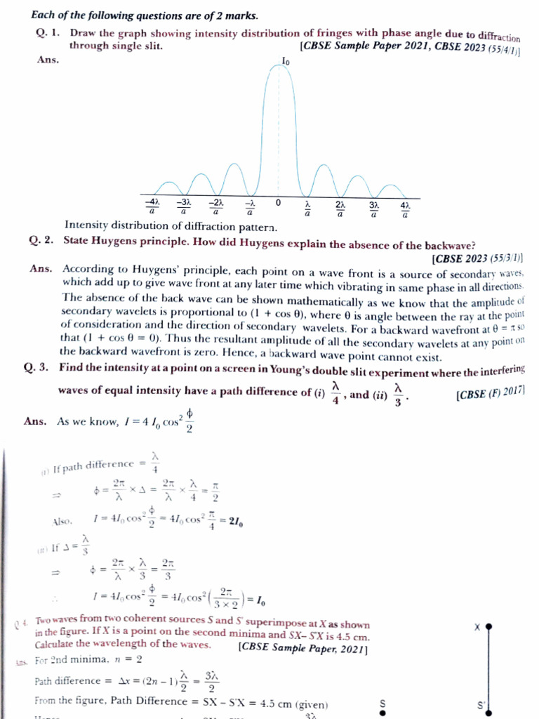 Wave Optics Important Questions | PDF | Diffraction | Wavelength