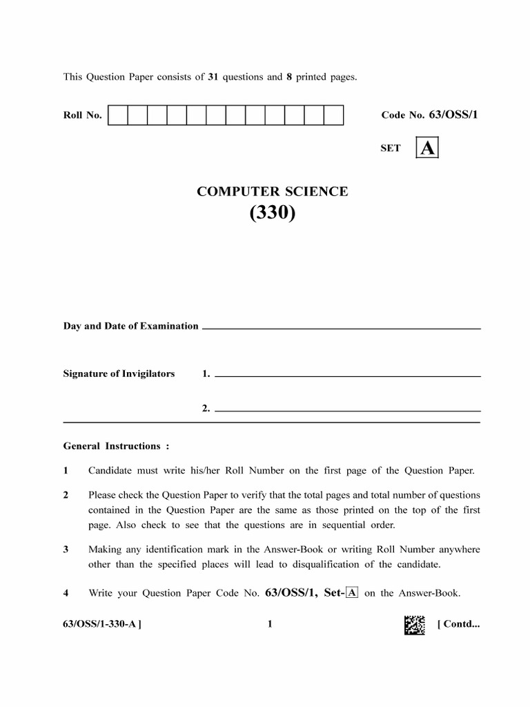 Computer Science Question Paper April 2022 For NIOS Senior Secondary | PDF