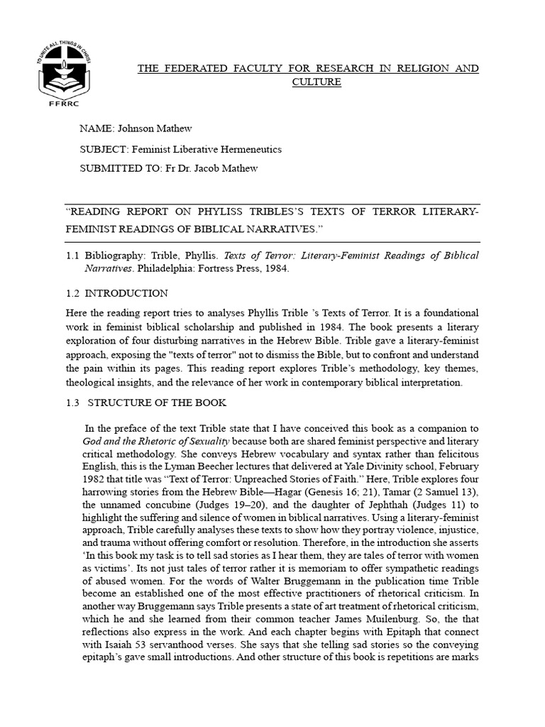 Reading Report On Phyllis Trible's Texts of Terror | PDF | Hagar | Sarah