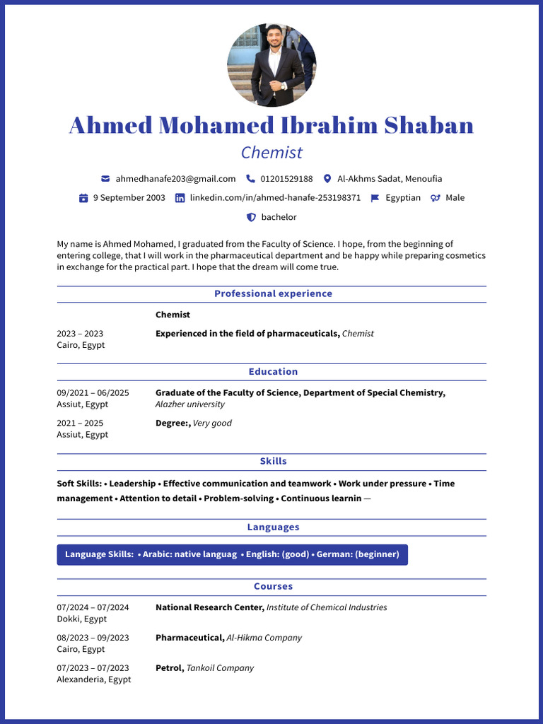 Ahmed Shaban: Chemist Profile and Skills | PDF