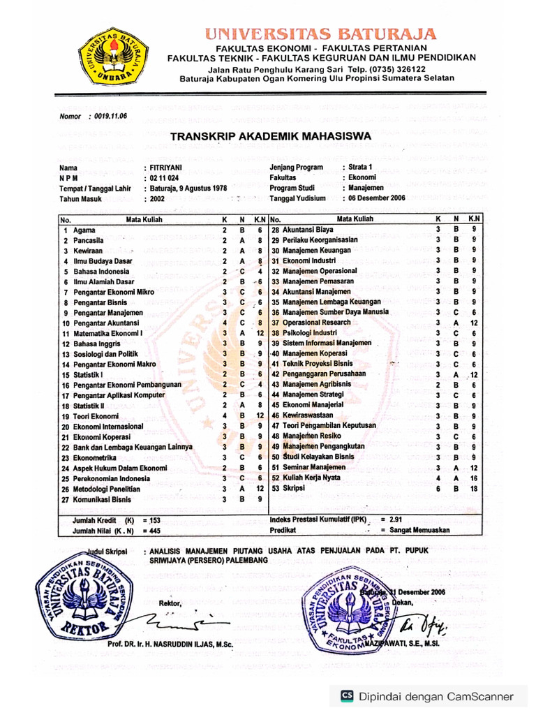 Transkrip Nilai | PDF
