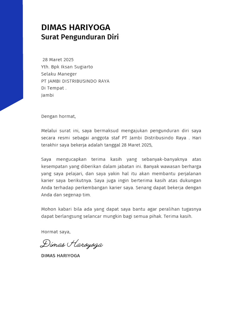 Surat Pengunduran Diri Dimas PDF | PDF