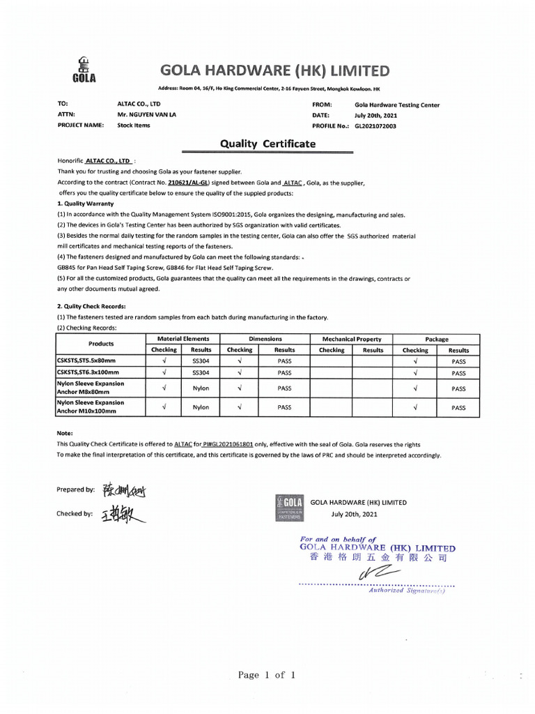 Stamped Gola QC Certificate Bolts and Screws ALTAC 2nd Shipment | PDF
