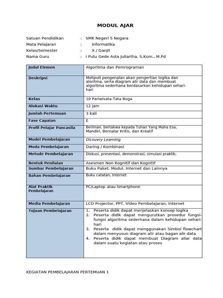 MODUL AJAR - Logika Dan Algoritma - 1 - SMSTR 1 | PDF