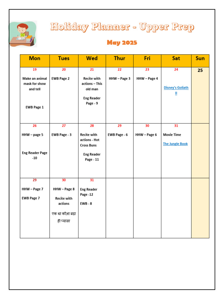 Upper Prep Holiday Planner 2025 | PDF