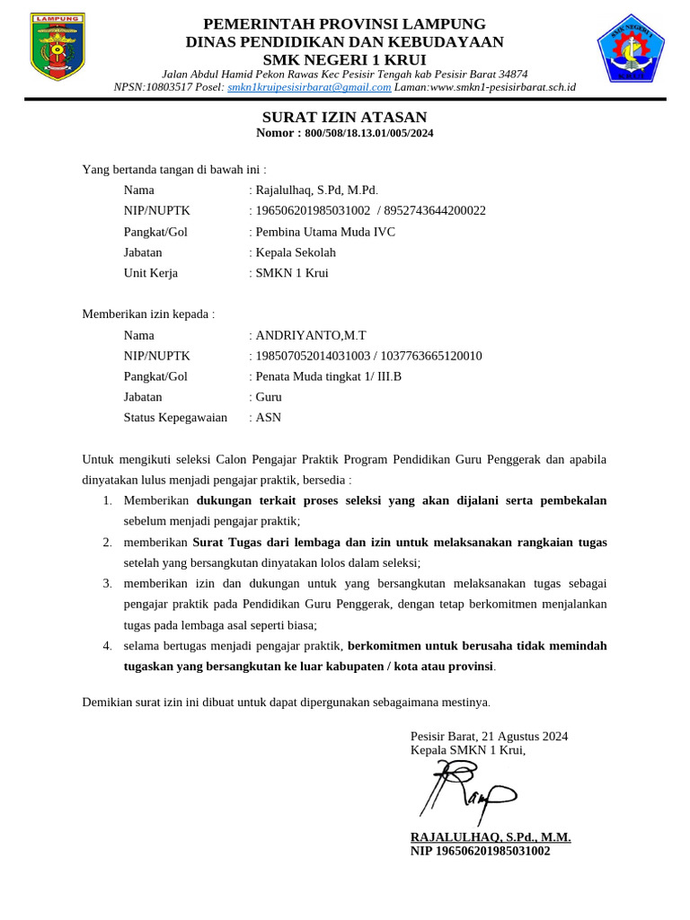 Surat Izin Kepsek | PDF