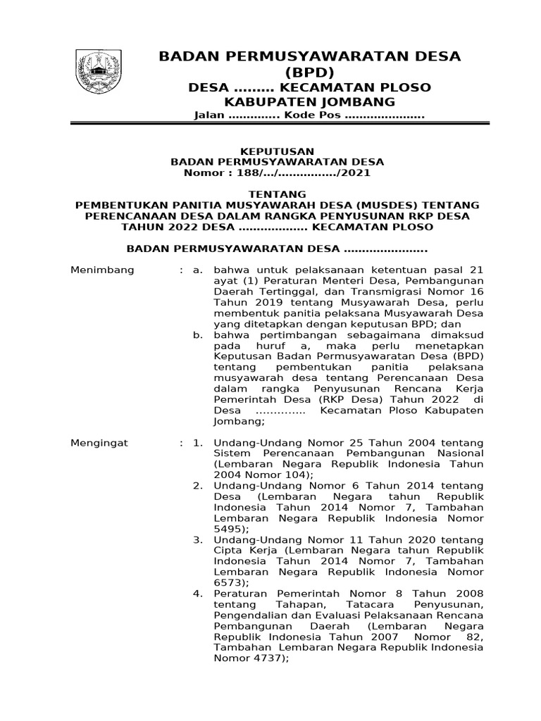 16 Format Keputusan BPD Tentang Panitia Musdes Perencanaan Desa | PDF