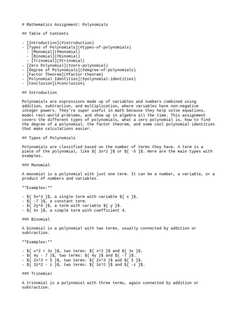 Polynomials Assignment - Markdown | PDF | Polynomial | Factorization