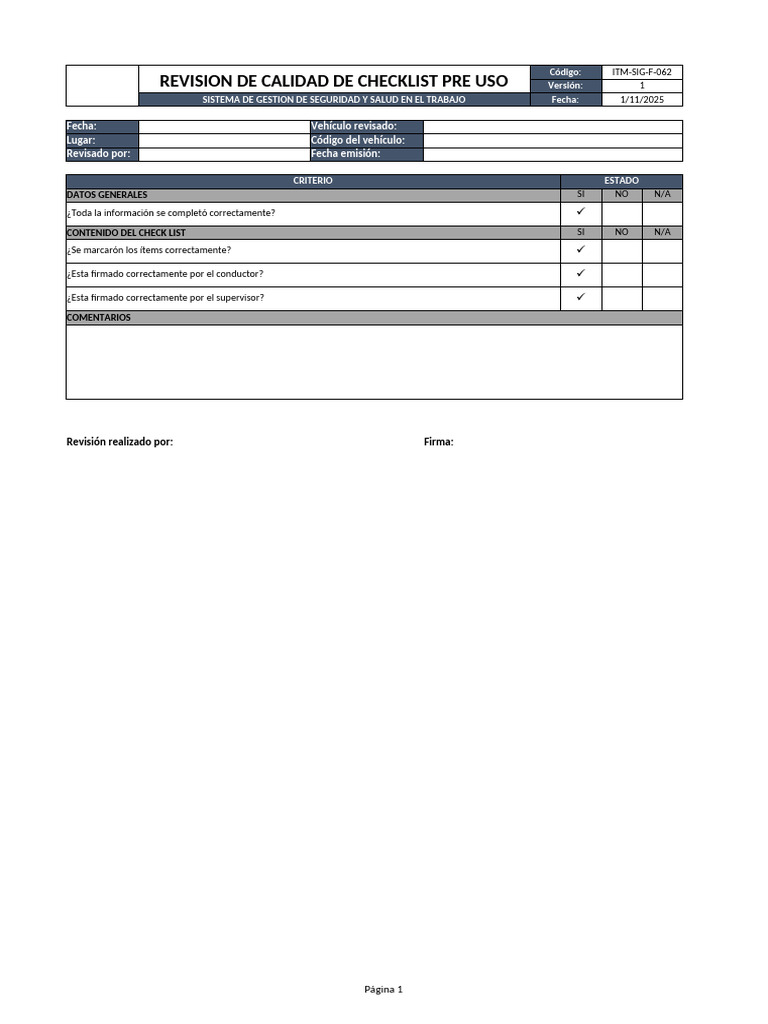 ITM SIG F 062 Revision Calidad de Checklist Pre Uso | PDF