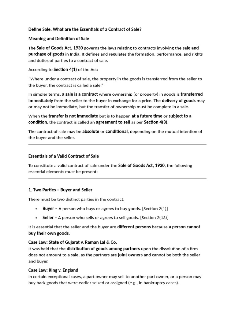 Define Sale and Essentials Short | PDF | Sales | Procurement