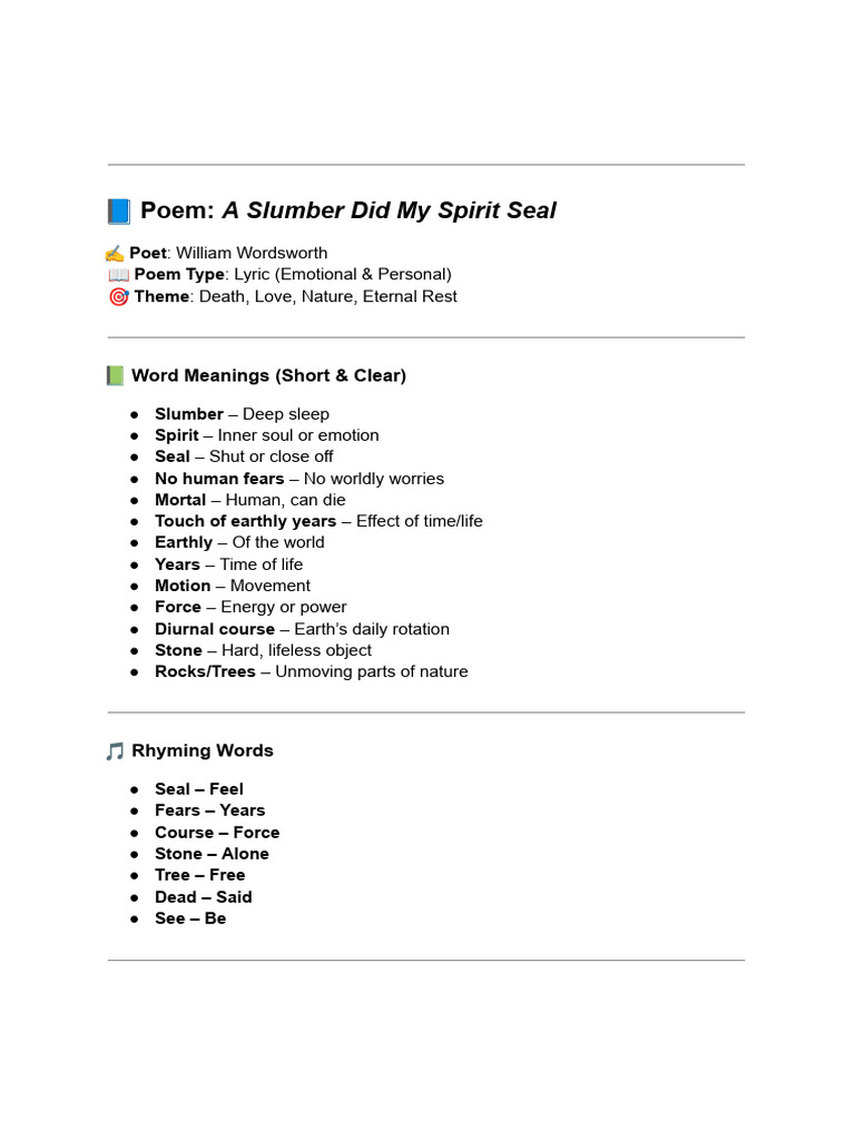 A Slumber Did My Spirit Seal | PDF | Poetry