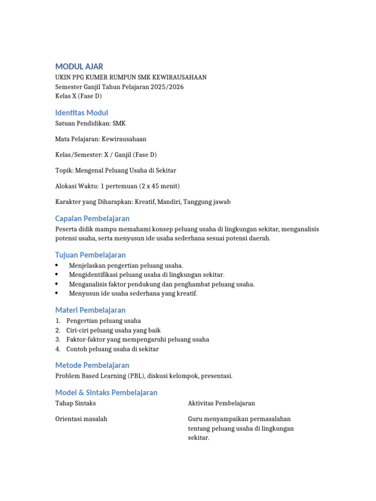 Modul Ajar UKIN Kewirausahaan PPG X FaseD 2025 | PDF