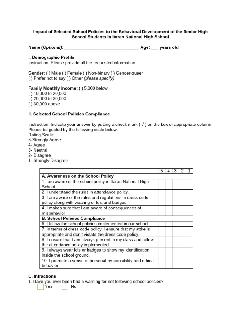 Survey Questionnaire School Policy and Behavior Questionnaire | PDF | Disciplines | Policy