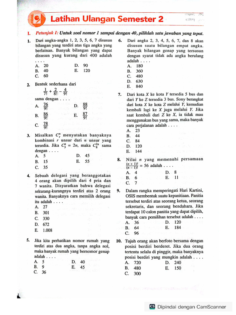 Latihan Ulangan Aturan Pencacahan Dan Peluang | PDF