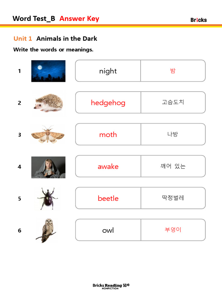 Bricks Reading 50 Nonfiction - L2 - Word Test B - Answer Key | PDF