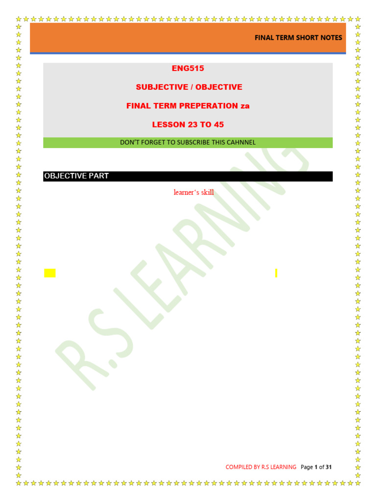 ENG515 FINAL Term Short Notes Compiled by R.S LEARNING | PDF | English ...