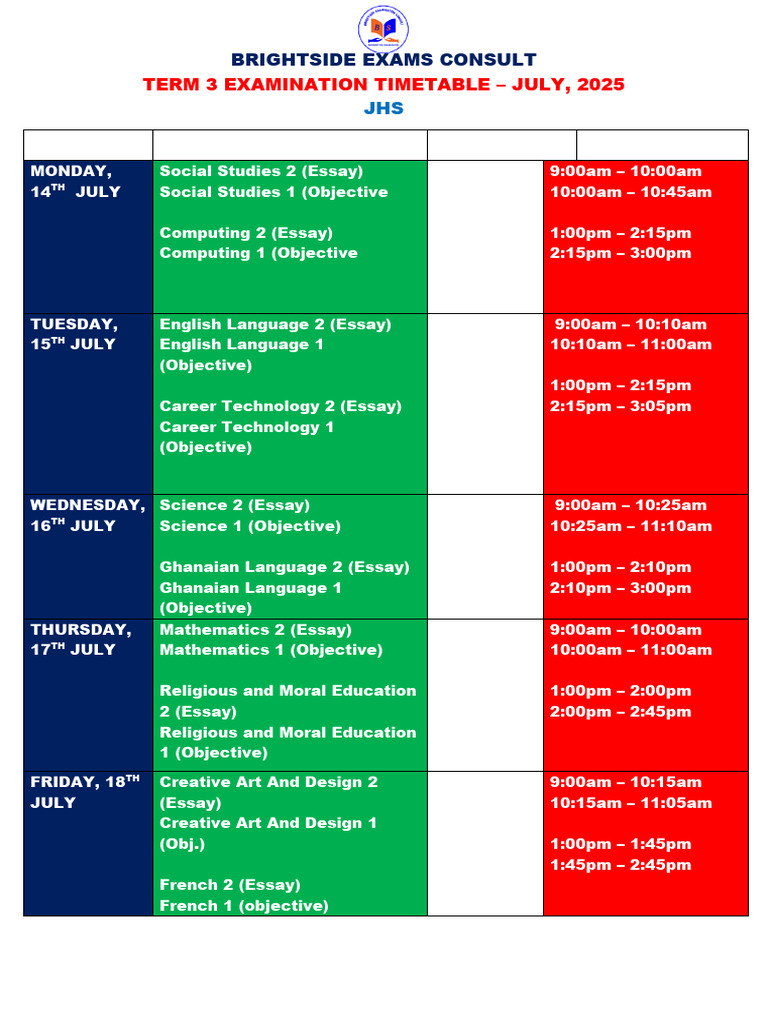 JHS Term 3 Exam Timetable 2025 | PDF