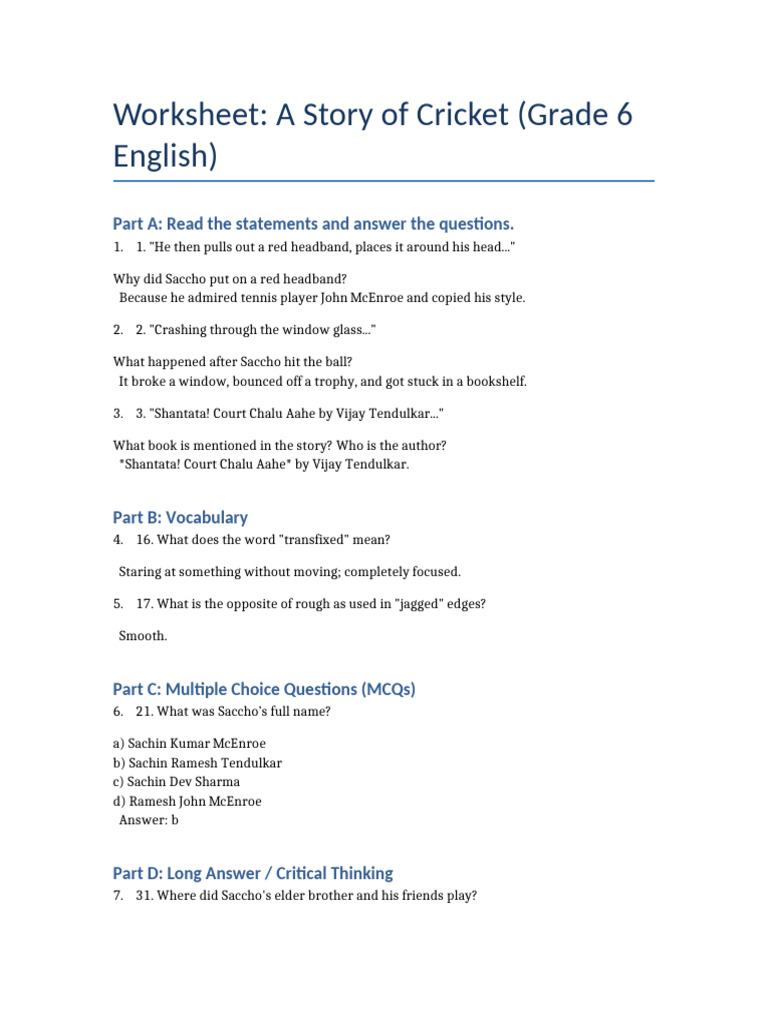 A Story of Cricket Worksheet | PDF