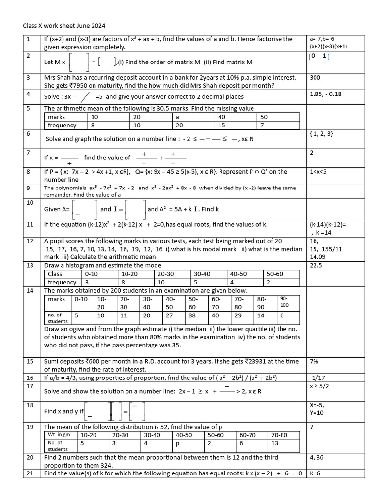 Class X Work Sheet June 2024 | PDF | Mathematical Concepts | Algebra