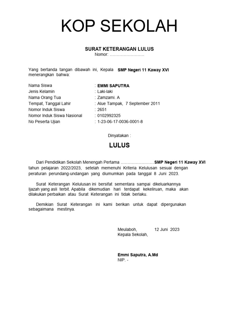 Surat Keterangan Lulus SMP 2023 | PDF