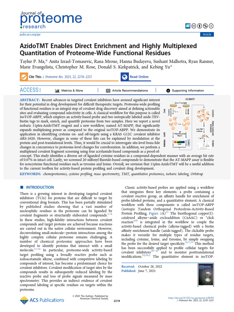 Yu Et Al 2023 Azidotmt Enables Direct Enrichment and Highly Multiplexed Quantitation of Proteome ...