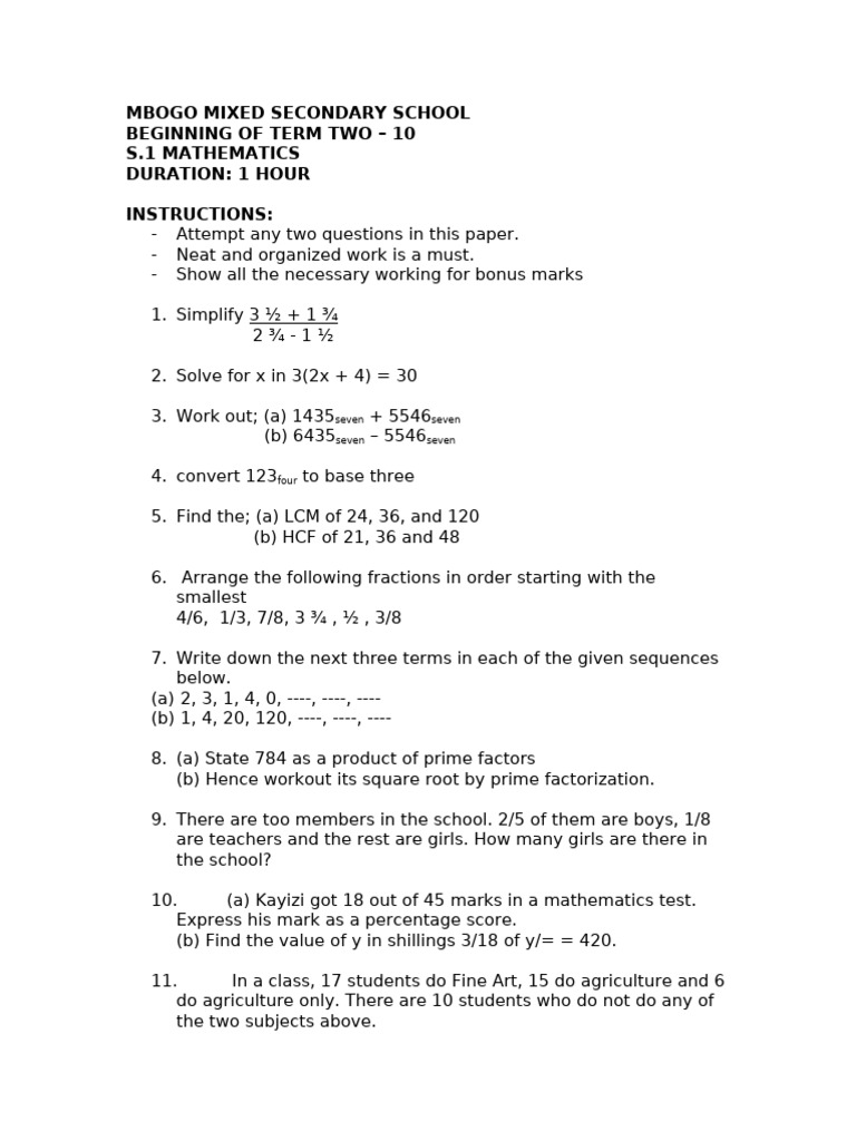 S.1 MATHEMATICS | PDF