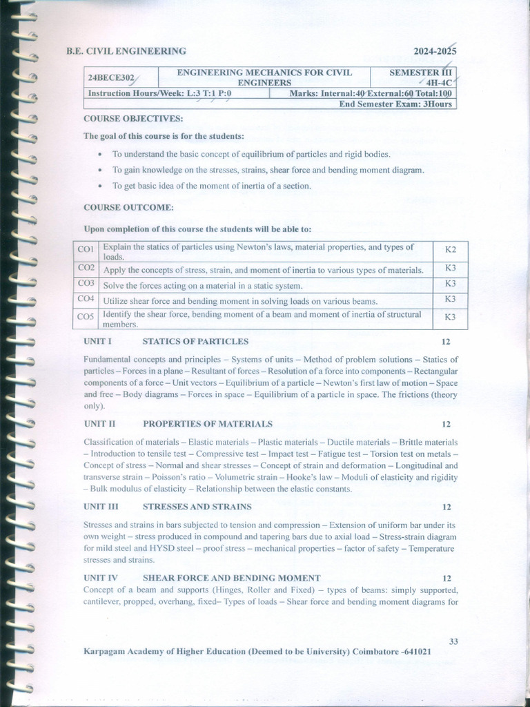 24BECE302 Engineering Mechanics For Civil Engineers | PDF