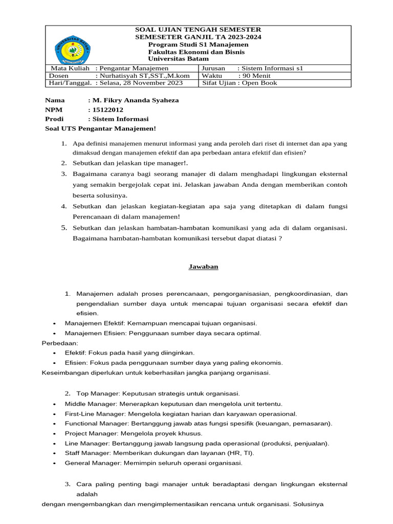M. Fikry Ananda Syaheza - UTS Pengantar Manajemen | PDF