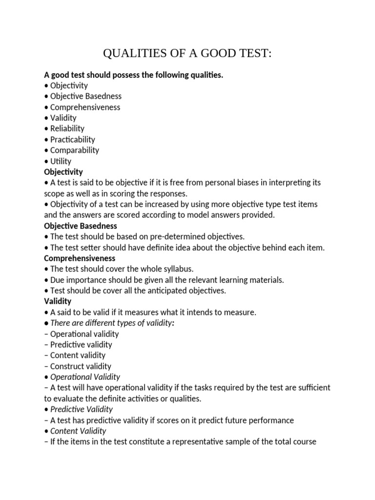 Qualities of a Good Test Explained | PDF | Validity (Statistics) | Learning