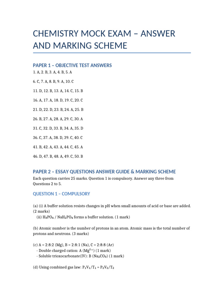 Chemistry Mock 2025 Answers and Full Marking Scheme | PDF | Ion ...