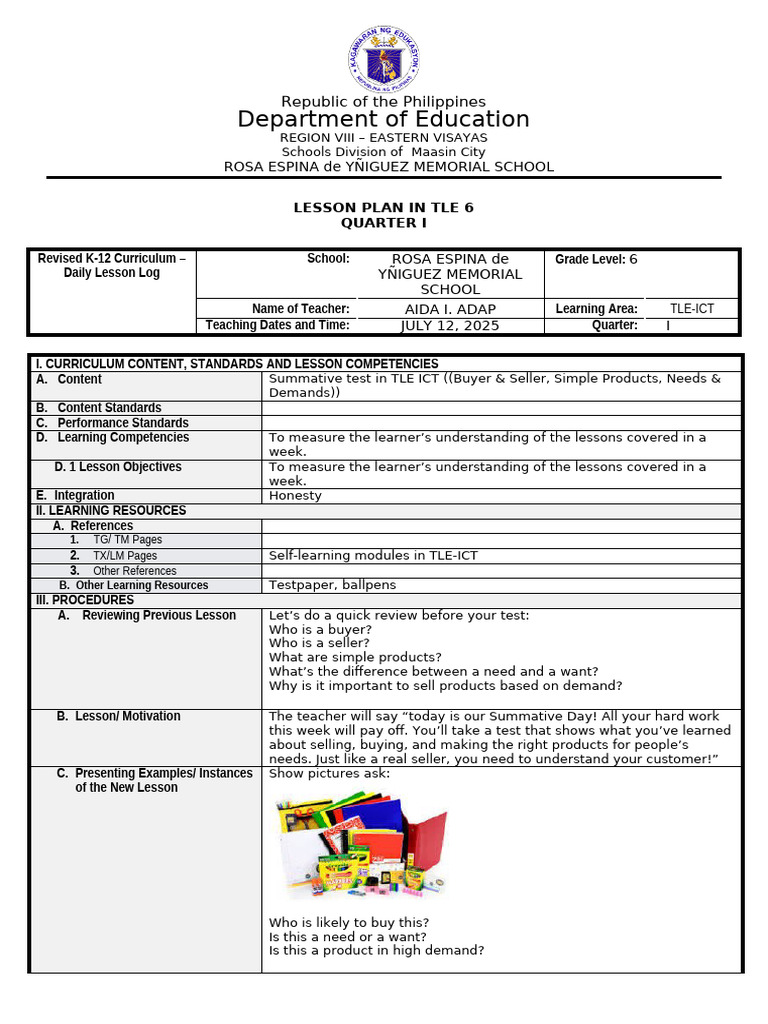 TLE 6 Summative Test Lesson Plan | PDF | Intelligence | Pedagogy