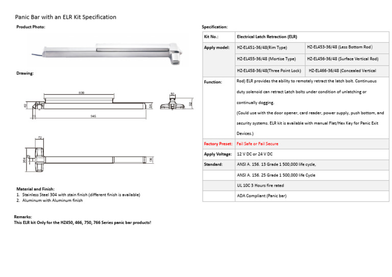 ELR Kit Specs for Panic Bar Models | PDF | Manufactured Goods
