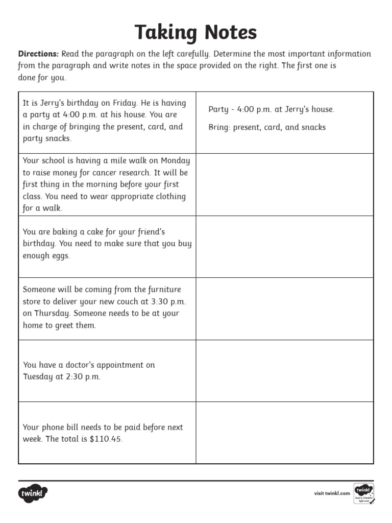 Note-Taking Practice Activity | PDF