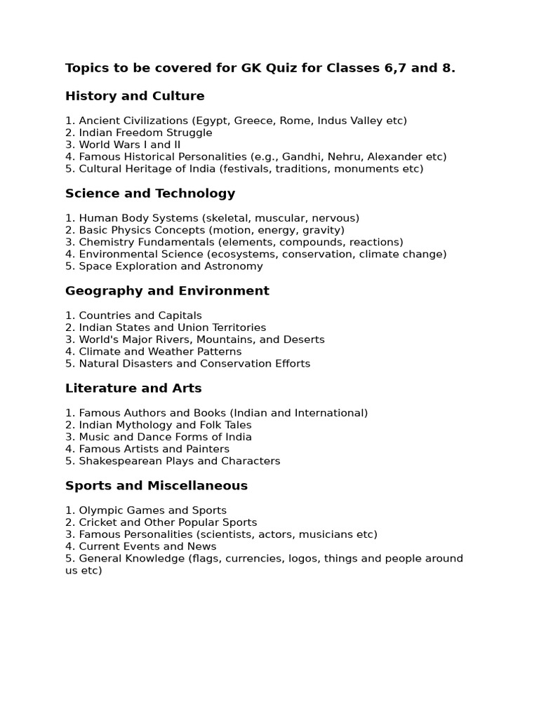 Resource 20250709114715 Topics For Junior GK Quiz | PDF