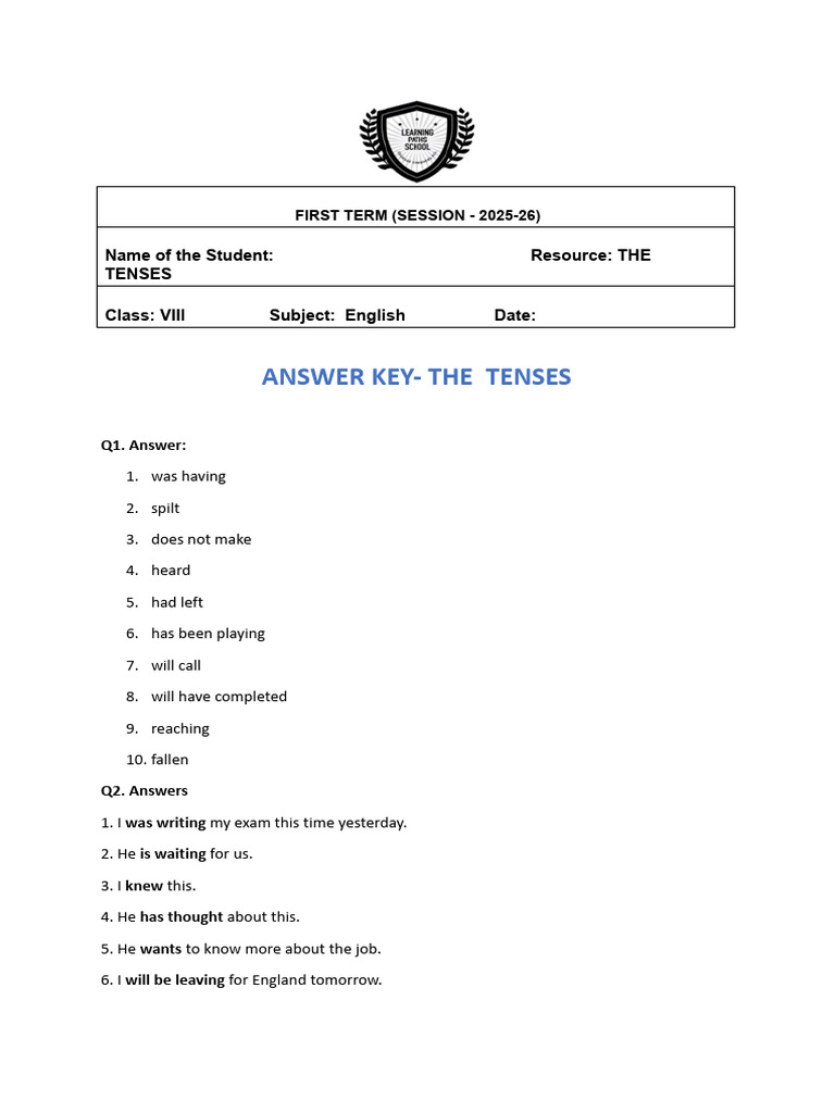 Resource 20250712074259 Answer Key - The Tenses | PDF
