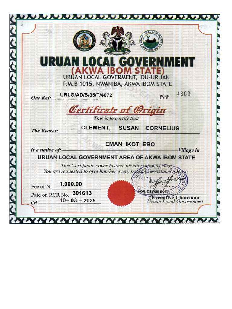 Certificate of Origin at Susan Clement | PDF