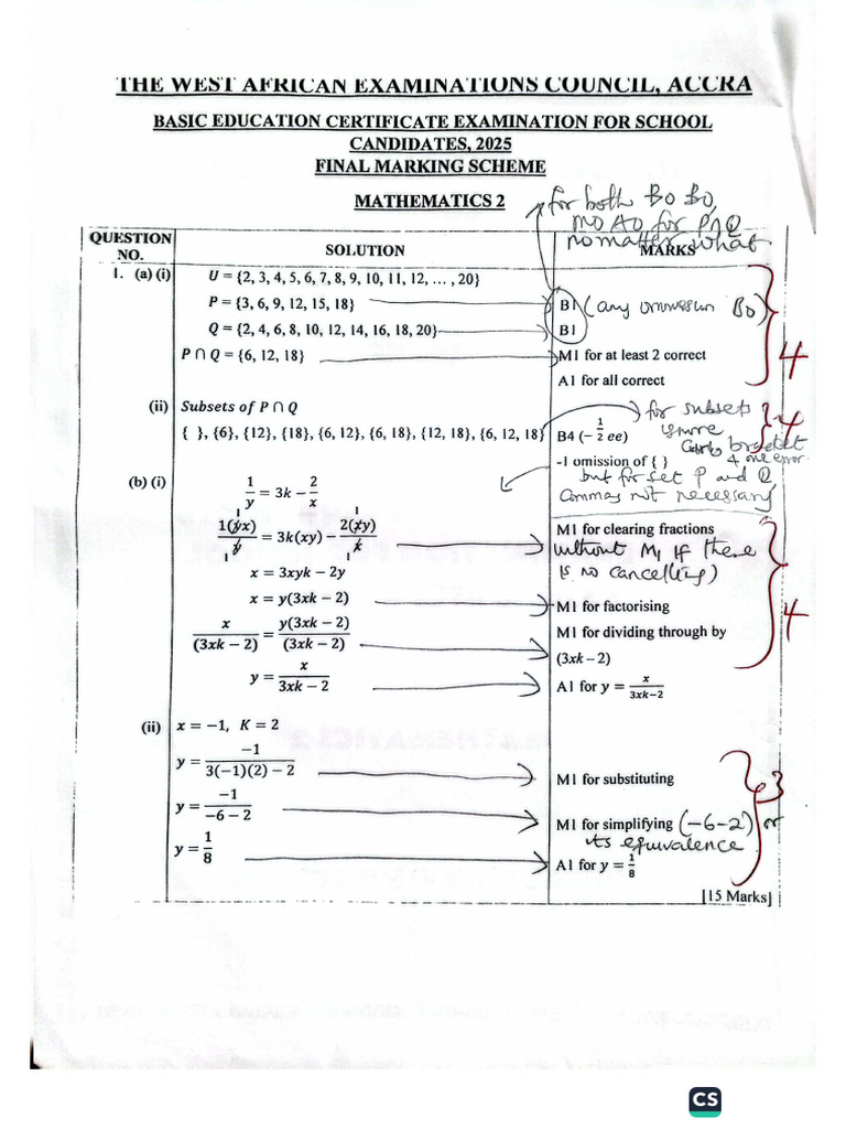 Bece 2025 - Mathematics Marking Scheme | PDF