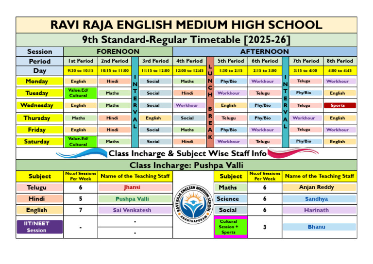 9th New Timetable - 2025-26 | PDF