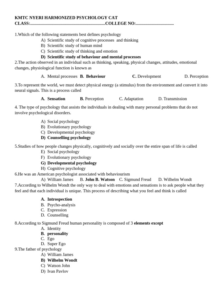 KMTC Psychology Revision Questions | PDF | Psychology | Reinforcement