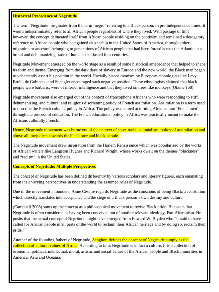 Negritude Movement: History and Concepts | PDF