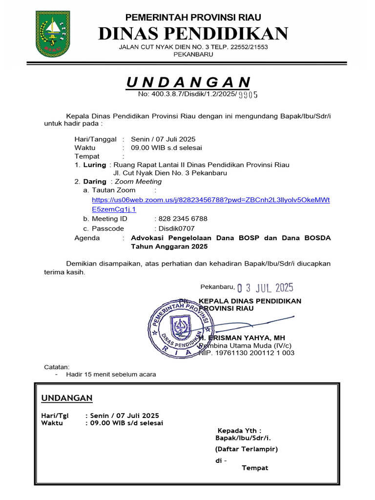 Surat Undangan Advokasi Pengelolaan Dana BOSP Dan BOSDA Secara Daring Senin 7 Juli 2025 | PDF