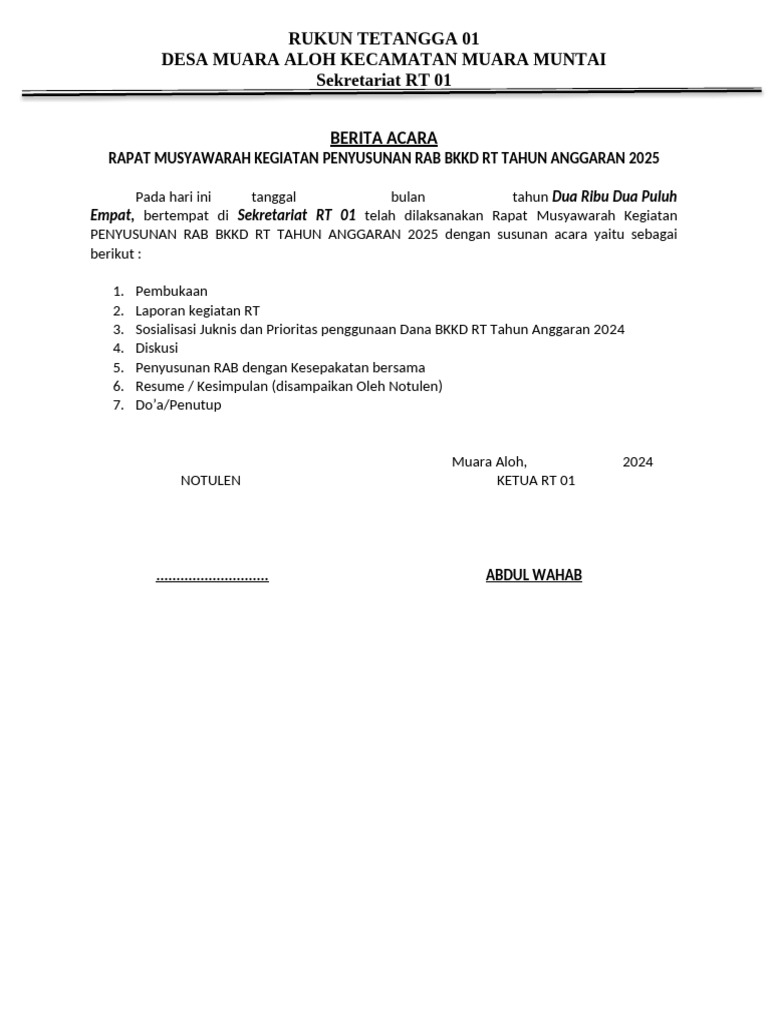 Berita Acara Musyawarah RT | PDF