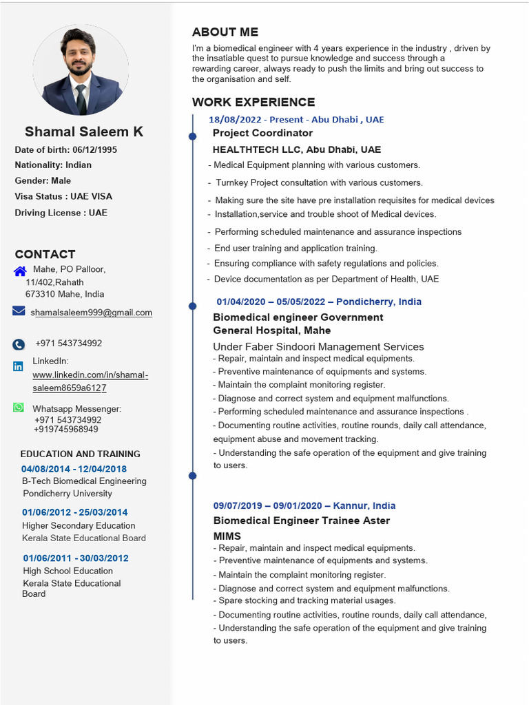 CV - Shamal Saleem K Gcc-1 | PDF | Biomedical Engineering | Medical Device