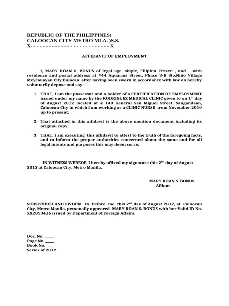 Affidavit of Employment A | PDF
