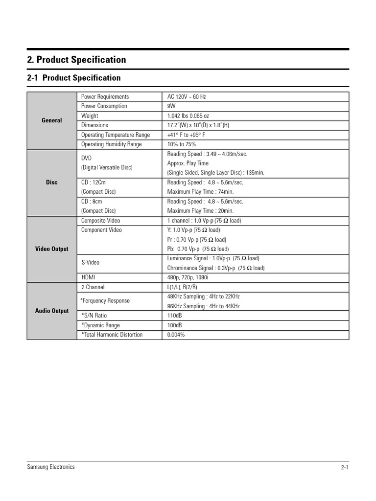 Samsung DVD Player Power Specifications | PDF | Compact Disc | Hdmi