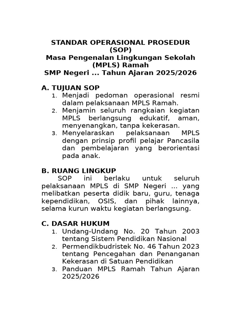 SOP MPLS Ramah Anak SMP 2025/2026 | PDF