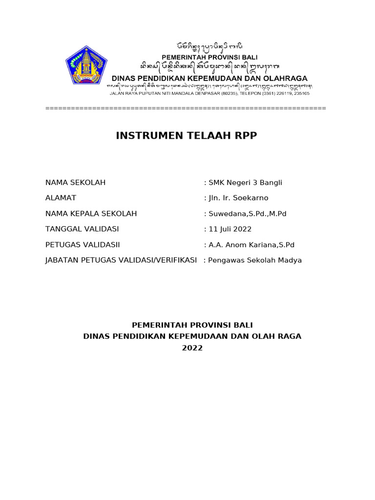 Validasi Instrumen Telaah RPP SMK3 Bangli | PDF